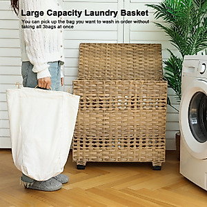 OIAHOMY Laundry Hamper with Lid, 135L Clothes Hamper with 3 Removable Liner Bags, Foldable Laundry Hamper for Bedroom, Synthetic Wicker Hamper with Lid, 27x 13 x 26 Inches, Yellow