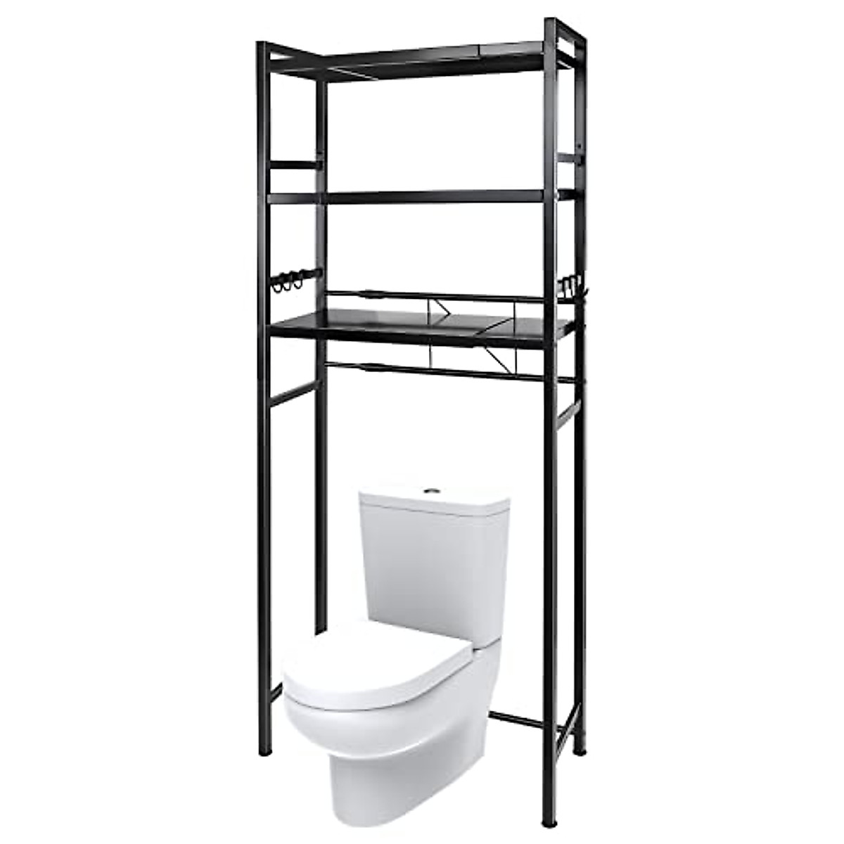 WCHOSOZH Bathroom Shelf Over Toilet, Telescopic Over The Toilet Space Saver with 6 Hooks, 3 Tier Freestanding Bathroom Organizer Storage Rack (Black)