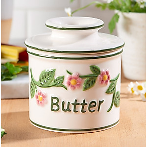 Butter Bell - The Original Butter Bell crock by L Tremain, a Countertop French Ceramic Butter Dish Keeper for Spreadable Butter, La Fleur Collection (Hand Painted Raised Floral)