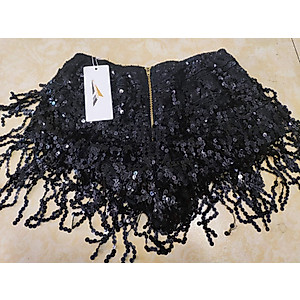 Yollmart Women's Sequins Tassel Skirts Shorts Booty Dance Festival Bottoms (X-Large, Black)