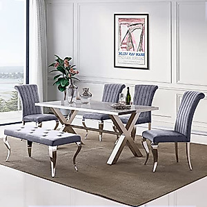 AZhome Dining Chairs Set of 6, Dining Room Chairs in Grey Velvet and Silver Cabriole Stainless Steel Legs