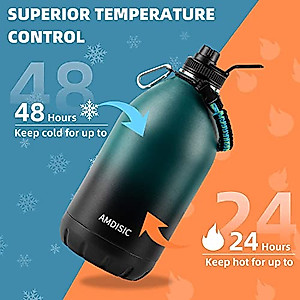 AMDISIC One Gallon Vacuum Insulated Water Bottle Stainless Steel 128oz Large Water Jug Black with 3 Lids & Braided Rope Handle for Outdoor Hiking Camping Sport Hot Cold Drink (Indigo/Black)