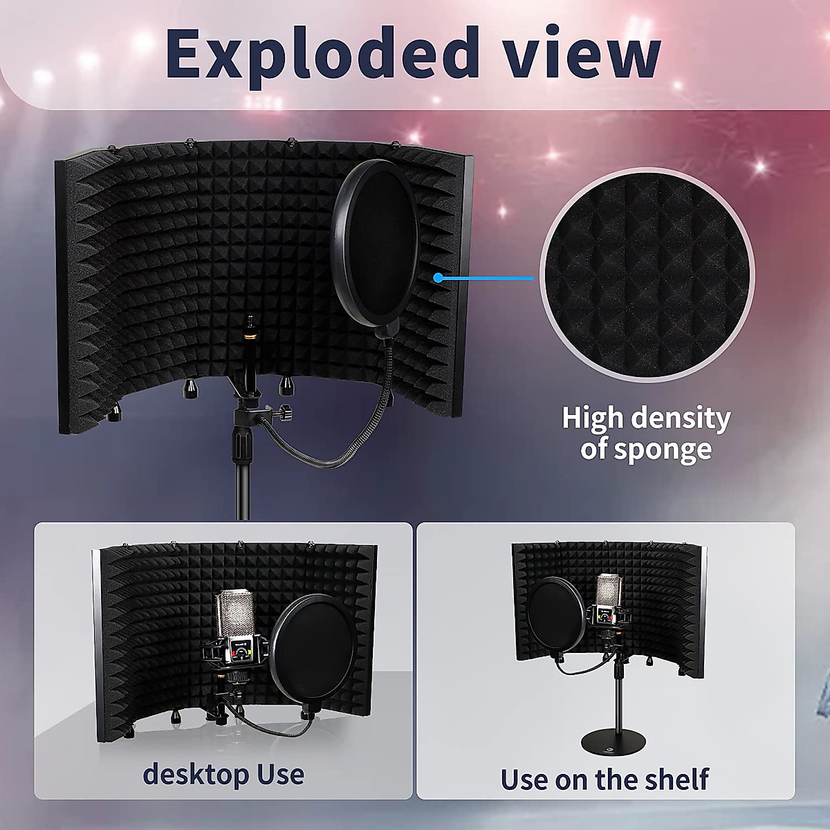Studio Microphone Isolation Shield with Desk Mic Stand and Pop Filter, High Density Sound Proof Absorbing Foam, Portable Acoustic Treatment Equipment for Recording Mics Home Studio Podcast Vocal Booth