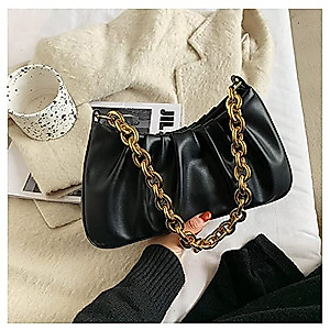 JOLLQUE Shoulder Bag for Women,Small Leather Dumpling Bag Handbag Purse,Gold Chain Going Out Evening Clutch Purses (Black)