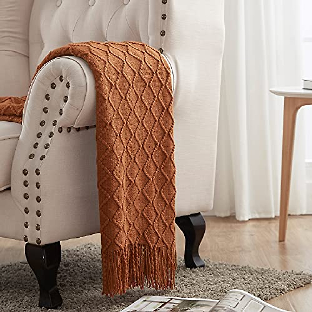 SunStyle Home Rust Throw Blanket for Couch 50 x 60 inches - Decorative Knitted Summer Blankets with Tassels - Soft Lightweight Woven Textured Solid Farmhouse Throw for All Seasons