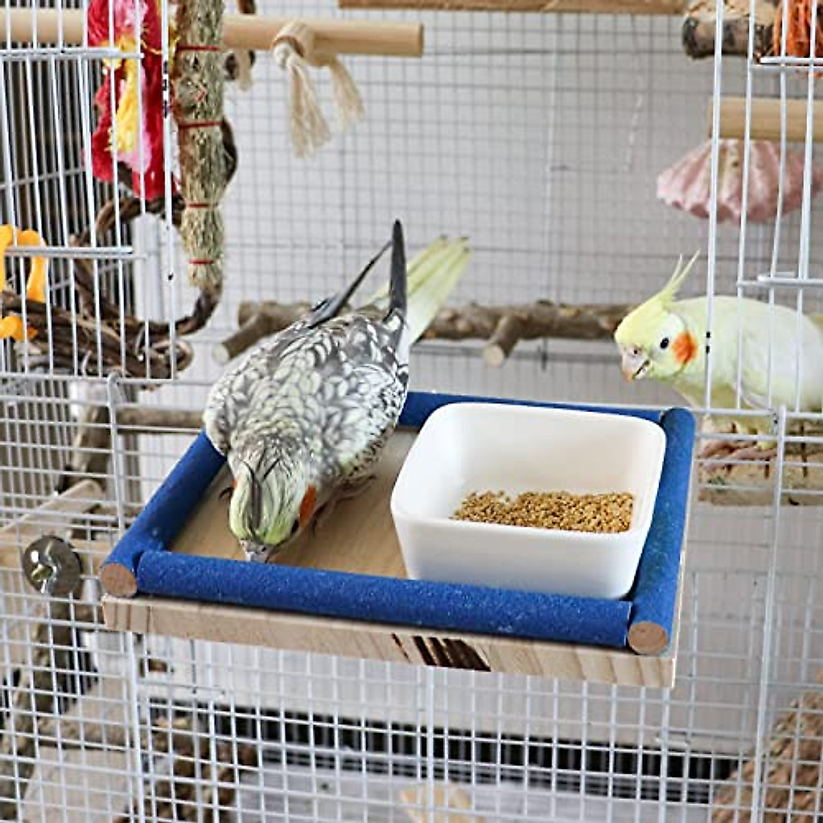 Bird Wooden Perch Stand, Bird Feeder Toy, Natural Wooden Bird Cage Accessories, Paw Grinding Standing Perch with Rough Quartz Sand Surface for Parrot, Parakeet, Budgies, Cockatiel, Rats(Blue)