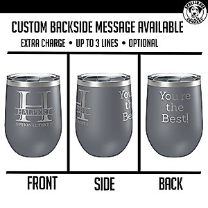 Personalized 12oz (17 Colors) Powder Coated Stainless Steel Stemless Wine Tumbler with Lid, Custom Etched, Customized Gift for Women Her, Wine Lover, Halpert Monogram Initial Name (Gray)