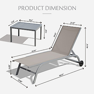 Domi Chaise Lounge Outdoor Set of 3, Lounge Chairs for Outside with Wheels, Outdoor Lounge Chairs with 5 Adjustable Position, Pool Lounge Chairs for Patio, Beach, Yard, Deck, Poolside, Khaki