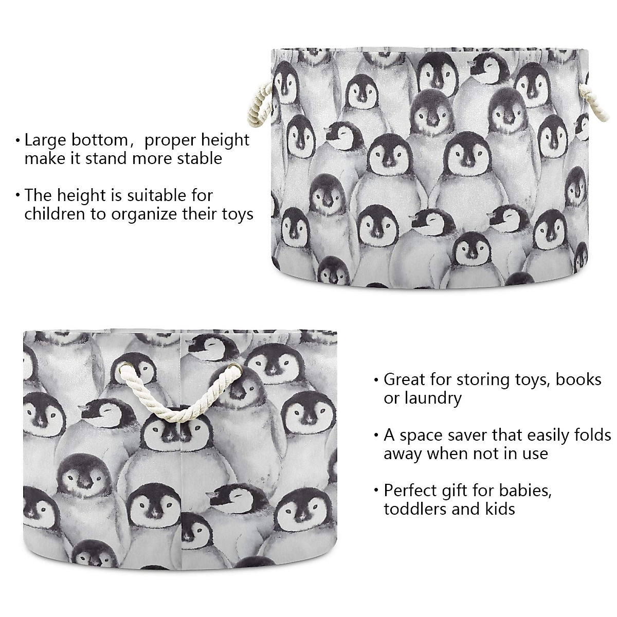 ALAZA Storage Basket Bin Cute Penguins Round Laundry Basket Collapsible Organizer Basket Kids Laundry Hamper with Handles for Nursery Clothes Toys Books Home Decor