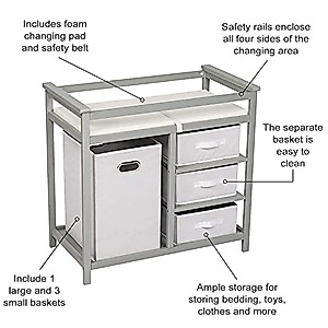 Kinfant Baby Changing Table with Storage - Diaper Changing Table with Laundry Hamper, 3 Storage Basket, Changing Pad & Safety Belt (Grey)