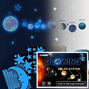Blue Glow in The Dark Solar System Wall Decals,158 pcs Ceiling Light Stars and Moon Decoration, Planet Decor for Kids Boys Bedroom, Starry Sky Stickers for Nursery