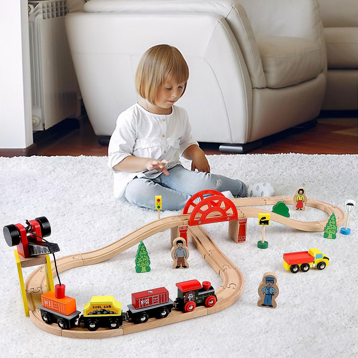 Qilay Wooden Train Set for Toddler - 39 Pcs Wooden Train Tracks with Crane, Bridge & 5 Wooden Trains - Train Toys for 3,4,5 Year Old Boys & Girls - Fit All Major Bands Train Tracks Set
