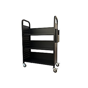 Workington Rolling Book Truck Book Cart with 3 Flat Shelves, Library Book Cart with Swivel Lockable Casters 3001 Black