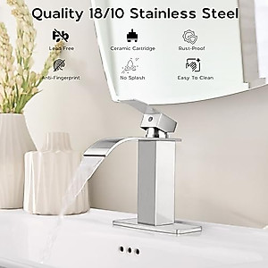 Onader Bathroom Sink Faucet Brushed Nickel Waterfall Bathroom Faucet for 1 or 3 Hole Single Handle Vessel Vanity Sink Faucet with Pop Up Drain and Water Hoses