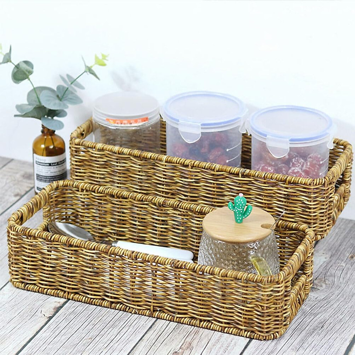 BESTonZON Plastic Woven Storage Basket Rattan Kitchen Cutlery Holder Stand Silverware Basket Kitchen Utensil Drawer Organizer Farmhouse Serving Basket for Kitchen Office