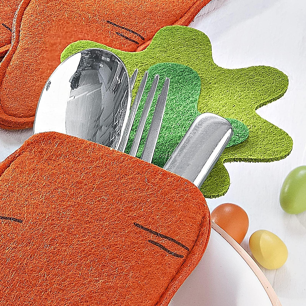 Easter Utensil Cutlery Holders, Easter Carrot Shape Silverware Tableware Utensil Holder, Easter Felt Cutlery Holder Pouch Bags, Reusable Utensil Sleeve for Knife Forks, Easter Table Decoration