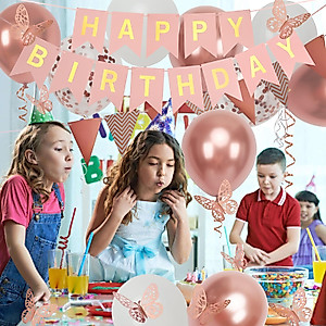 Rose Gold Birthday Decorations for Women, Happy Birthday Banner for Girls' Party Decorations with Balloons, Pennant Banner Flags and Rose Gold Butterfly Decorations