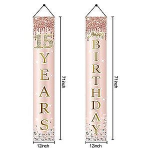 15th Birthday Door Banner Decorations for Girls, Pink Rose Gold Happy 15 Birthday Door Porch Backdrop Party Supplies, Fifteen Year Old Birthday Sign Decor