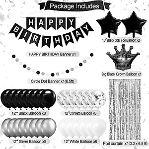 Black and Silver Birthday Party Decorations for Men Women Boys Girls Happy Birthday Banner Balloons Foil Fringe Curtains Black and White Party Decorations