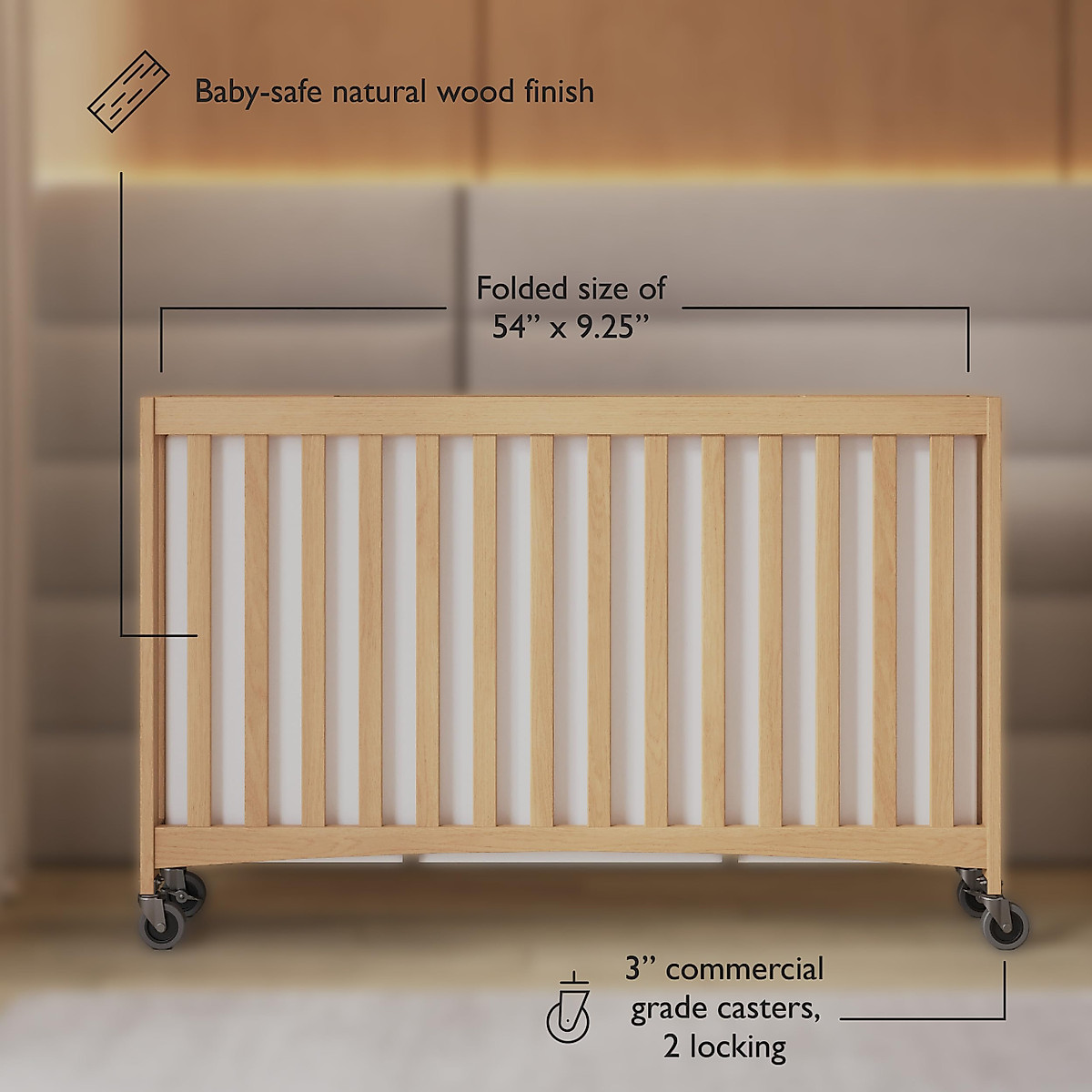Foundations Travel Sleeper Full-Size Wooden Folding Crib, Portable Baby Crib with 3” InfaPure Foam Crib Mattress and Commercial Grade Casters, Hotel Crib (Natural)