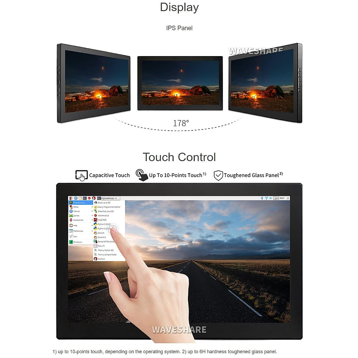 waveshare 13.3inch Capacitive Touch Screen LCD V2 with Case Compatible with Raspberry Pi 4B/3B+/3A+/2B/B+/A+/Zero/Zero W/WH/Zero 2W CM3+/4 1920×1080 Resolution HDMI IPS Supports Jetson Nano/Windows
