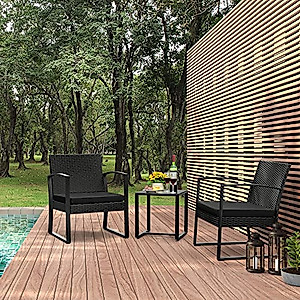 JUMMICO Patio Chairs 3 Piece Outdoor Furniture with All Weather Plastic Seat & Metal Frame Patio Conversation Set for Porch, Balcony, Poolside (Black)