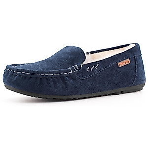 Parfeying Women's Sheepskin Moccasin Slippers Cow Suede Memory Foam Driving Style Loafers,L20102 INDI 9US Indigo/Indigo