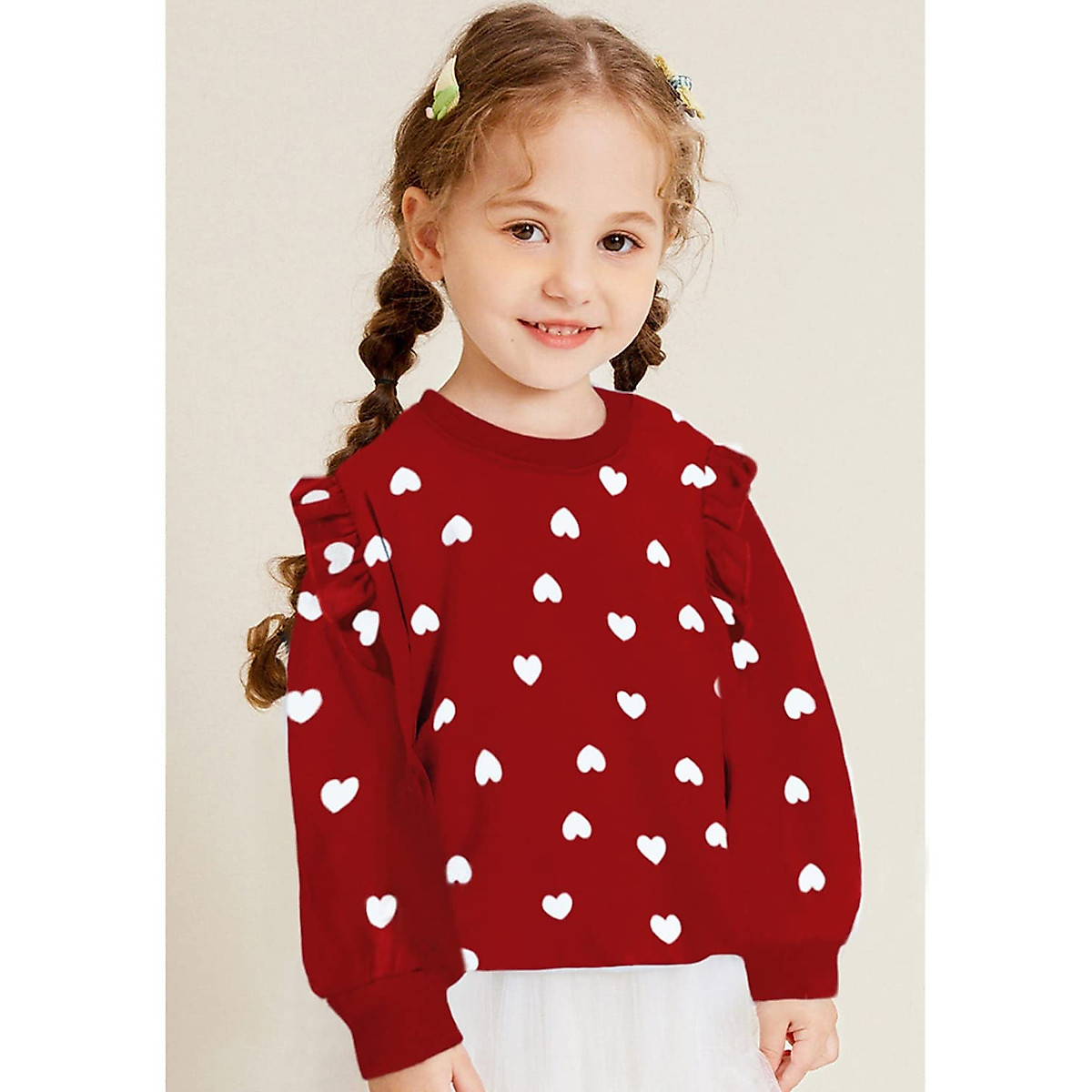 DDSOL Girls Red Sweatshirts Heart Casual Pullover Sweater Cotton Crewneck Ruffle Long Sleeve Holiday Clothes Kids Girl Fall Winter Shirts Tops White Heart 7T
