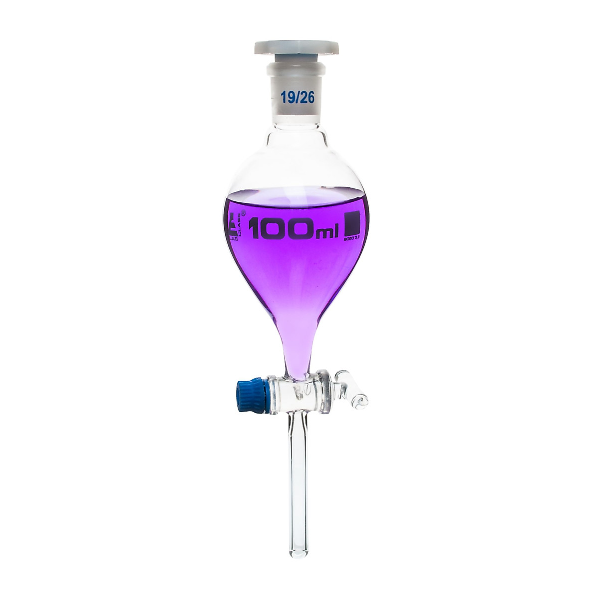 EISCO Separating Funnel, 100ml - Pear Shaped - 19/26 Plastic Stopper, Glass Key Stopcock, Stem with Cone - Borosilicate Glass