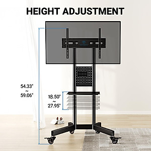 Mobile TV Cart with Wheels for 32-85 Inch Flat Curved Screen TVs- UL Certificated Height Adjustable Rolling TV Stand Hold Up to 132 lbs- Trolley Floor Stand with Tray Max VESA 600x400mm PSTVMC01