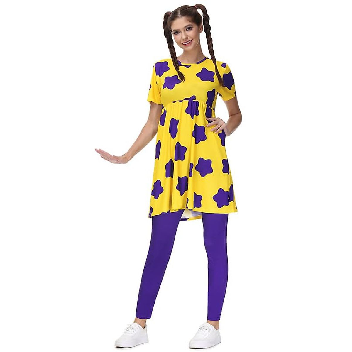 Women's Halloween Short Sleeve High Waist Yellow Dress Round Neck Susei Carmichael Costume with Leggings XL