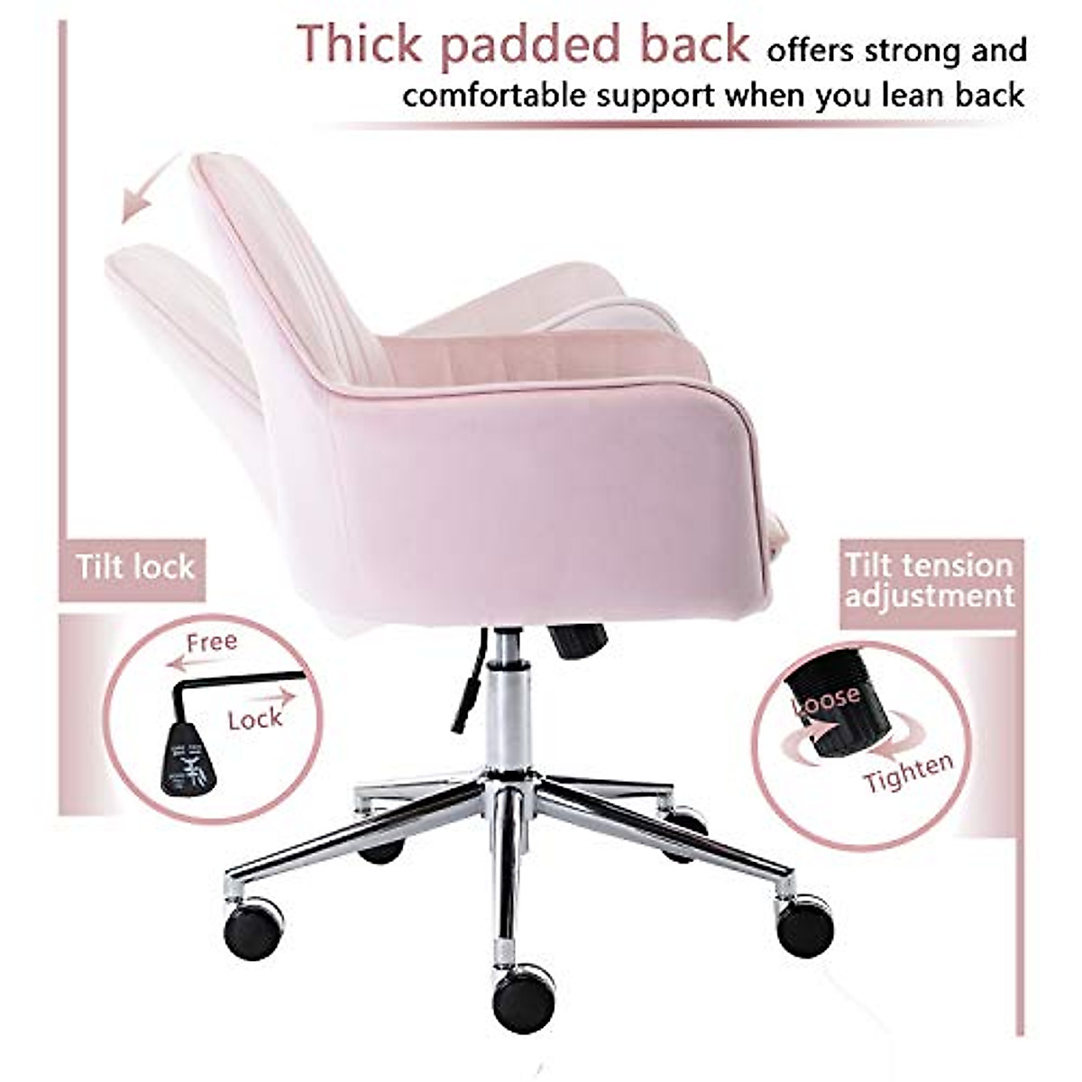 Altrobene Velvet Desk Chair, Ergonomic Computer Task Chair, Accent Reception Chair, 360 Degree Swivel, Height Adjustable, for Home Office/Study/Girls' Bedroom, Pink
