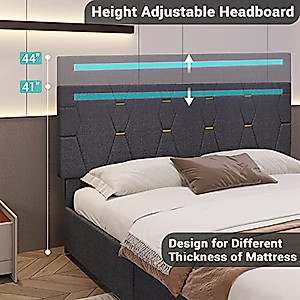 ADORNEVE Queen Bed Frame with 2 USB Charging Station, LED Lights Headboard Footboard, Upholstered Platform Bed with Storage Drawers, No Box Spring Needed, Dark Grey