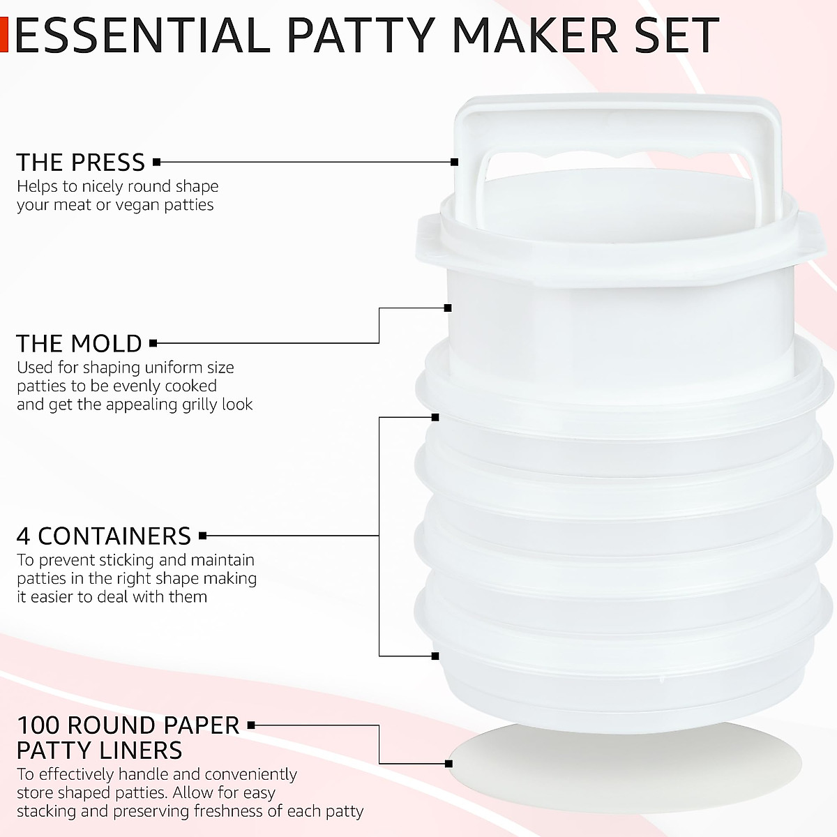 Miles Kimball Hamburger Press Patty Maker - 4 in1 Burger Mold Patty Press, 4 Storage Containers, 100 Patty Papers - Essential Hamburger Patty Maker Tool for BBQ - Burger Shaper for Meat Veggie Patties
