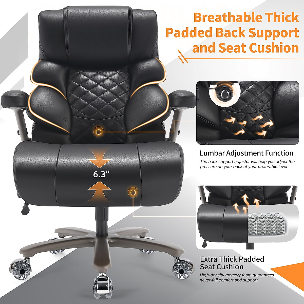 VUZI 500lbs Big and Tall Office Chair-Large Computer Chair with Adjustable Lumbar Support 3D Flip Arms Plus Size Wheels, High Back Executive Desk Chair, Heavy Duty Metal Base, Thick Padded Wide Seat