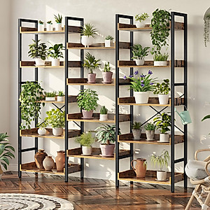 Rolanstar Bookshelf 5 Tiers with 4 Hooks, Triple Bookcase with Open Display Shelves, Industrial Wide Bookshelf with Metal Frame for Living Room, Office, Rustic Brown