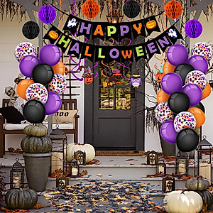 Happy Halloween Banner Paper Honeycomb Ball Swirl Streamers Circle Confetti Dots Balloons Pumpkin Ghouls Bat Cat for Halloween Party Decorations Indoor Outdoor Wall Door Decoration