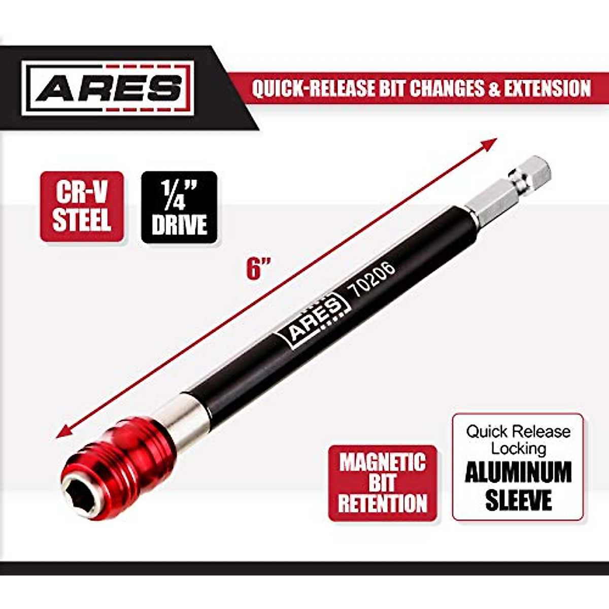 ARES 70206 - Drill Extension Bit Holder - 6-Inch Quick Release - Works With All 1/4-Inch Drive Bits - Quick Release Mechanism Makes Changing Bits a Breeze