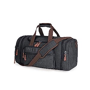 Canvas Duffle Bag Mens with Shoes Compartment，（50L/55L）Travel Bag for Men Adjustable Capacity Weekend Overnight Bag Carry on Bag Hospital Holdalls (Black)
