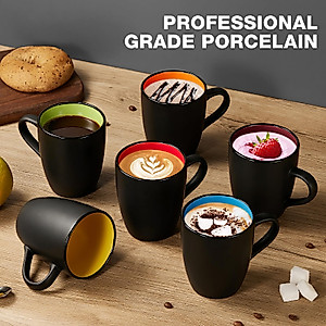 Qipecedm 6 Pack Porcelain Coffee Mugs Set, 12 Ounces Ceramic Coffee Mugs, Matte Black Coffee Mug, Restaurant Coffee Cups for Coffee, Tea, Cappuccino, Cocoa, Cereal, Black outside and Colorful inside