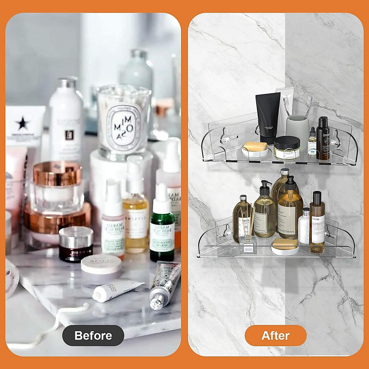 popbricks 2 Pack Acrylic Corner Shower Shelves, Clear Adhesive Shower Caddy Suction Cup for Tile Walls, Wall Mounted Bathroom Shower Shelf for Inside Shower & Kitchen Organizer Storage