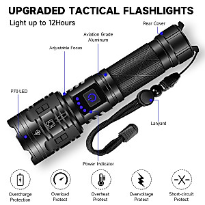 Rechargeable Flashlights High Lumens, 950000LM Powerful Tactical Flashlights, 5 Modes LED Flashlight Adjustable, Brightest Flashlight Waterproof, Handheld Flash light for Emergencies, Camping, Hiking