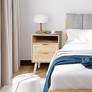 AILEEKISS Rattan Nightstands Set of 2 with Wireless Charging Station Modern Bedside Tables with Solid Wood Feet Night Stands Set of 2 with Drawers and Open Storage Shelf for Bedroom (Natural 2 Sets)