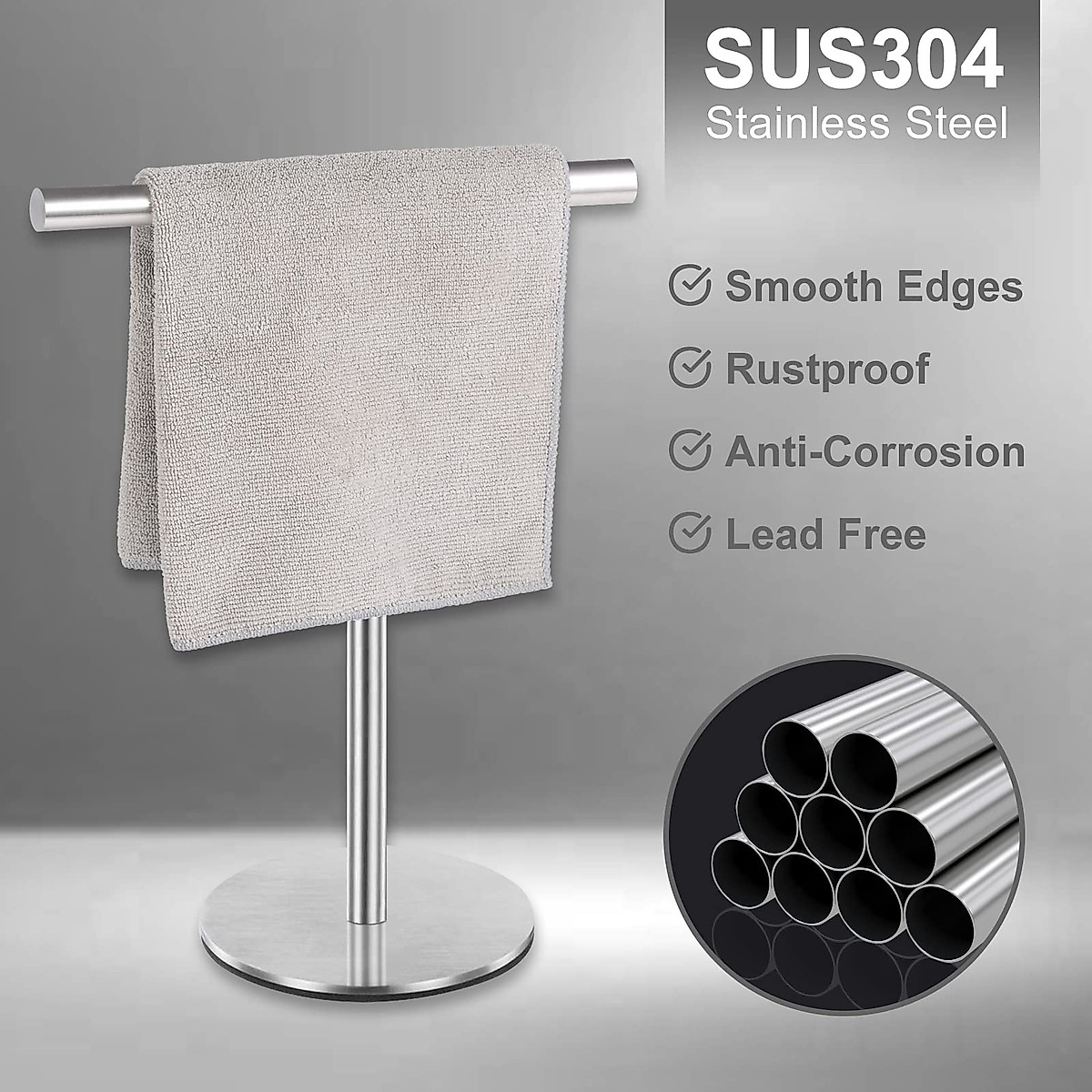 T-Shape Hand Towel Holder - Standing Hand Towel Rack for Bathroom or Kitchen Countertops, with SUS304 Stainless Steel Brushed Finish, Minimalist Style