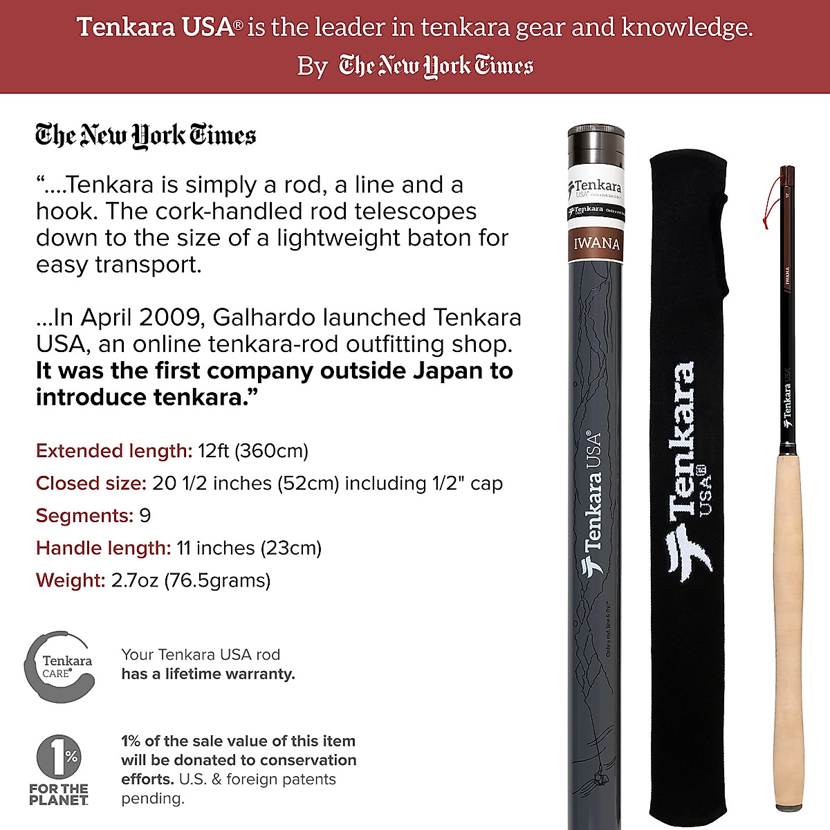 Tenkara USA Fly Fishing IWANA™ Rod with Case, Classic All-Around for Small to Medium Fish - Ultra-Light, Gloss Carbon Finish (12ft - 366cm)