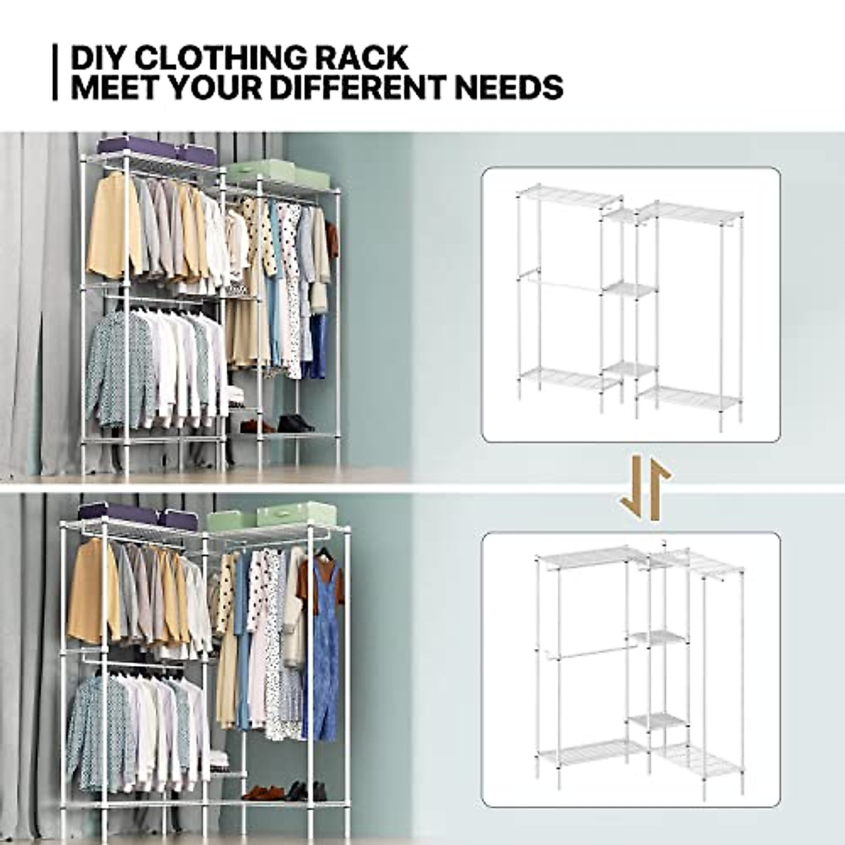 MoNiBloom Garment Rack with Shelves, 73 Inch Clothes Rack Heavy Duty Clothing Rack for Hanging Clothes Adjustable Metal Wire Shelving Portable Closet, Freestanding Closet Wardrobe, Load 1000lbs