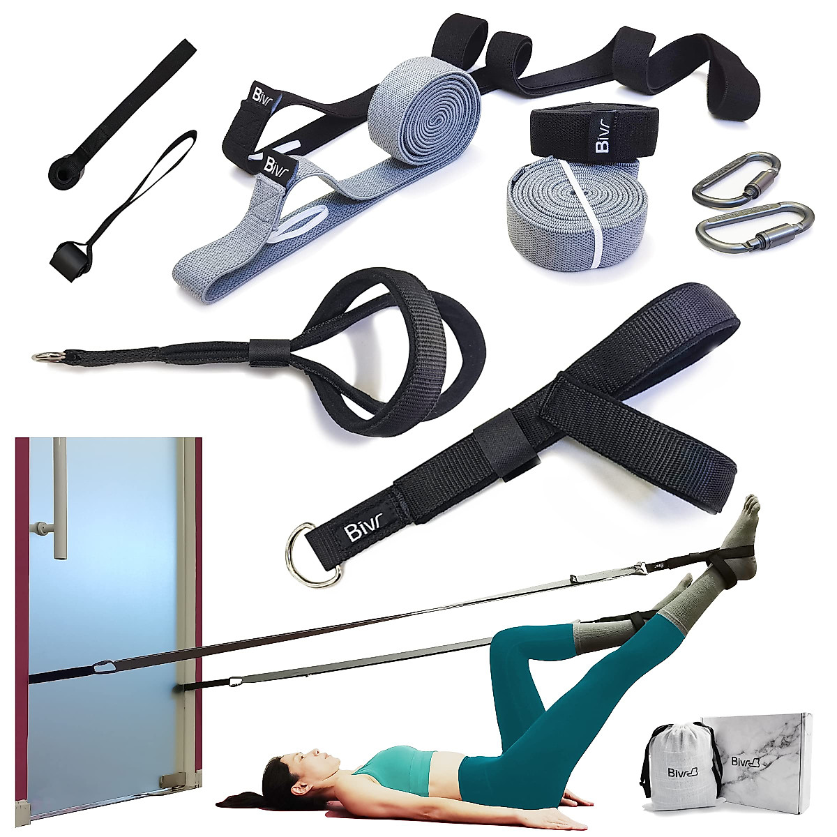 BIVR Portable Pilates Home Kit - Home Workout Equipment with Designed Pilates Loop Straps, Fabric Long Resistance Exercise Bands, Door Anchors and Aluminum Carabiners for Working Out as in Reformer