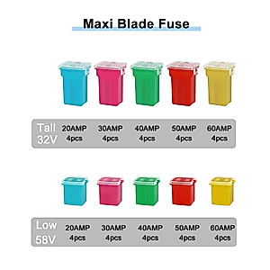 Riseuvo 40 Pcs Car Cartridge Fuses - Automotive Jcase Fuses Assortment Kit Low Profile and Tall/Standard Box Shaped Fuses 20A 30A 40A 50A 60A for RV, SUV, Cars, Boats