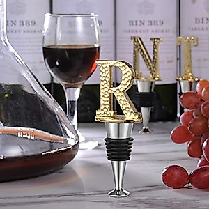 Miicol Initial Letter Wine Stopper, Monogram Hammered Metal, Perfect Wine Gift, Elegance Meets Utility, Wide Used in Kitchen Decor, Bar, Wedding Party, Gold Finish, Letter (A to Z) R