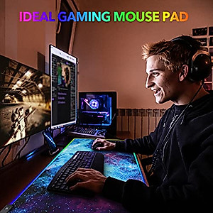 AIMSA RGB Gaming Mouse Pad Extended, Large Led Mousepads Non-Slip Rubber Base with 14 Lighting Modes, Computer Keyboard Mat Soft Desk pad Waterproof 35.4 x 15.8 inches, Galaxy Nebula Universe